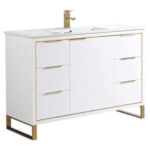 fine fixtures opulence collection 48 in. w x 20 in. d x 33 in. h bathroom vanity in white matte with white ceramic sink - satin brass hardware