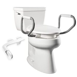 bemis assurance 3" raised toilet seat with handles and bidet attachment, clean shield guard, secure hinges, elongated, white