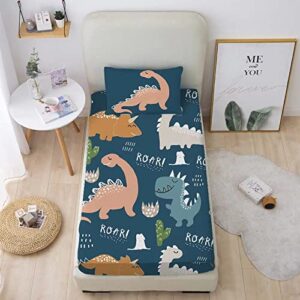 wajade blue dinosaur sheet sets twin size cute cartoon dinosaur 3d plants print bedding set for kids boys girls 2pcs (1 deep pocket fitted sheet+1 pillowcases)