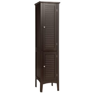 tangkula tall bathroom storage cabinet, 5-tier wooden freestanding tower cabinet, narrow storage floor cabinet w/2 doors & shelves for bathroom living room kitchen (brown)