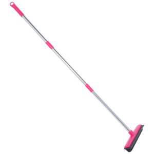 carpet hair removal broom with 48'' telescoping adjustable handle, rubber broom carpet rake for pet hair dust removal daily household cleaning(pink)