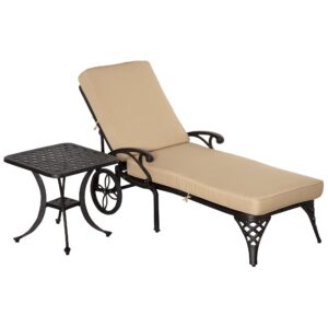 outsunny aluminum adjustable chaise lounge chair, folding 4-position patio recliner, wheels, armrests, side table, cushion for poolside, backyard, deck, porch garden, beige