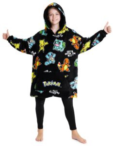 pokemon oversized hoodie blanket for kids, pikachu gifts for boys (black aop)