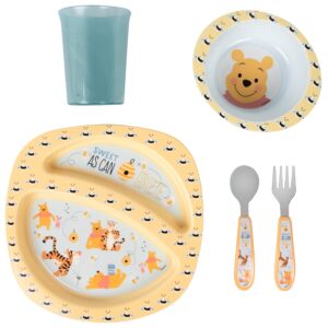 the first years disney winnie the pooh toddler dinnerware set - includes toddler bowl, toddler plate, fork, spoon and toddler cup - baby and toddler feeding essentials - 5 count