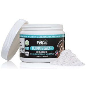 ultimate pet chef dog cat powder food topper. 74 organic minerals, prebiotics, probiotics, hip and joint benefits and luxurious fur. stops fur shedding no smell. no taste. sprinkle over any food.