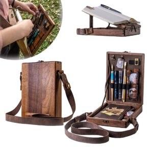 writers messenger wood box, multi-function artist tool and brush storage box,retro wooden handmade portable crossbody postman bag for anyone that just loves writing