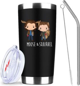 athand supernatural merchandise gifts sam & dean moose & squirrel insulated tumbler cups coffee wine mug with lid straw 20 oz - gifts ideas for tv show fan,friends, family and your soul mates (black)