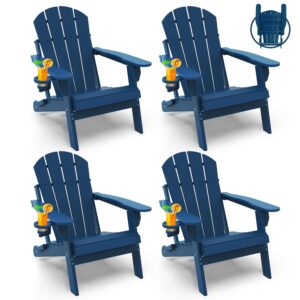 greenvines folding-adirondack-chairs-set-of-4 | hdpe plastic | fire pit chair | all weather | cup holder | blue | for deck backyard patio outdoor garden