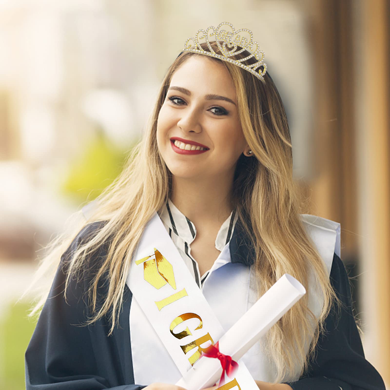 CAVETEE Gold Graduate Crown and Sash Congratulations Graduate 2024 Grad Party Decorations 2024 Graduate Crowns for Women Grad Tiara and I Graduated Sash for Women Grad Cap Decorations Grad Cap Topper