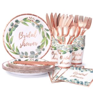 168pcs green and rose gold party decoration, bridal shower plates and napkins sets, bridal shower plates party supplies, rose gold plates for wedding festivities, serves 24