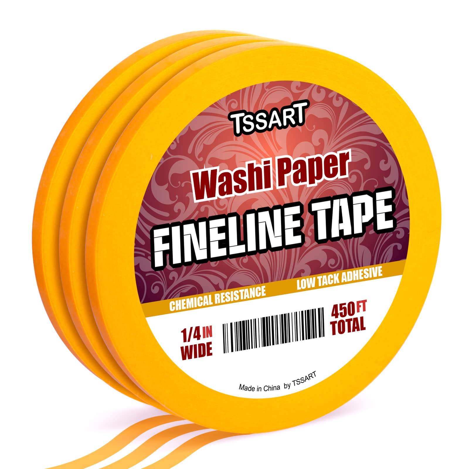 TSSART 3 Pack Fine Line Tape - Low Tack Fineline Masking Tape Painters Masking Tape for DIY Paint Art - Acid Free 1/4inch Wide 450FT Long Total