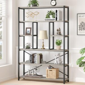 lvb industrial 6 tier bookshelf, large tall open rustic vintage etagere bookcase, gray big wide modern farmhouse wood and metal book shelf for home bedroom living room office storage, light grey oak