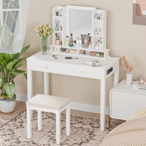 linlux makeup vanity desk with mirror and lights, white vanity table set with charging station, open shelves, 3 color & adjustable brightness, dressing table with cushioned stool for bedroom