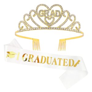 cavetee gold graduate crown and sash congratulations graduate 2024 grad party decorations 2024 graduate crowns for women grad tiara and i graduated sash for women grad cap decorations grad cap topper