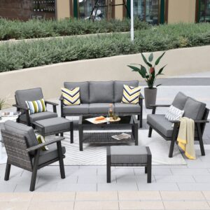 ovios patio furniture set 7-pieces outdoor wicker rattan sofa with coffee table loveseat ottomans, high back all weather conversation set with comfy cushions, dark grey