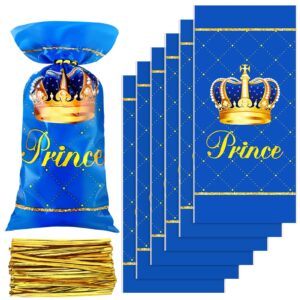 100 pcs royal prince party favor bags plastic gift bags blue candy bags with ties treat bags goodie bags with 150 pcs gold twist ties for birthday party baby shower supplies, 5 x 11 inch