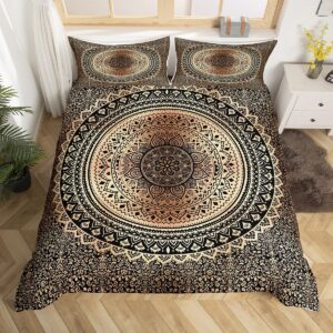 brown black mandala duvet cover set twin size,boho paisley bedding set for girls women room decor,flowers art boho comforter cover,hippie mandala quilt cover with 1 pillowcase