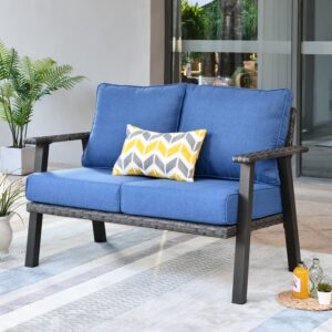 ovios patio furniture loveseat 2-seats sofa outdoor wicker rattan all weather high back couch with thick comfy cushions for garden backyard porch, blue