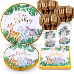 atonofun safari party supplies, baby shower plates and napkins set, jungle oh baby paper plates, cups, napkins and cutlery for safari birthday decorations, baby shower, jungle themed parties serves 24