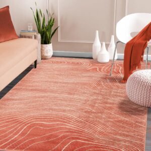 superior indoor area rug, plush carpet cover, high-traffic rugs, jute backing, hallways, entry, office, living room, kitchen, modern abstract wood grain, veer collection, 7' x 9', coral