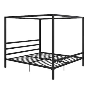 dhp modern metal canopy platform bed with minimalist headboard and four poster design, underbed storage space, no box spring needed, king, black