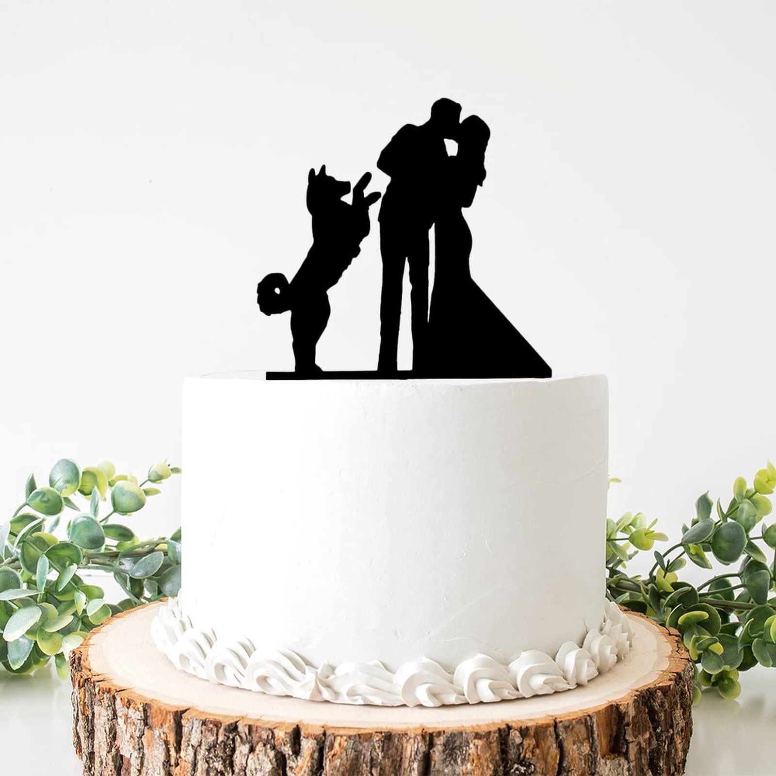 Silhouette with Kissing Bride and Groom and Jumping Husky Dog Cake Topper Wedding Birthday Toppers