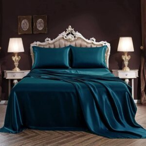 bedify bedding 3-piece silk duvet set – pure, ultra soft mulberry silk duvet cover - silk pillowcases temperature regulating fabric – promotes healthy hair and skin (teal/king-ca-king)