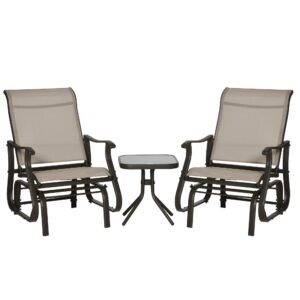 outsunny 3-piece outdoor gliders set bistro set with steel frame, tempered glass top table for patio, garden, backyard, lawn, gray