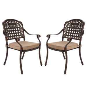 magic union 2 pieces patio dining chairs, outdoor cast aluminum chairs with armrest, patio bistro chair set of 2 for garden, backyard, deck (2pcs a- grid chair with khaki cushion)