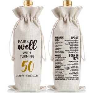 50th birthday gift ideas for women men, 50 years old birthday party decoration wine bag gifts, happy 50th birthday decor, pairs well with turning 50, 1975 wine bag