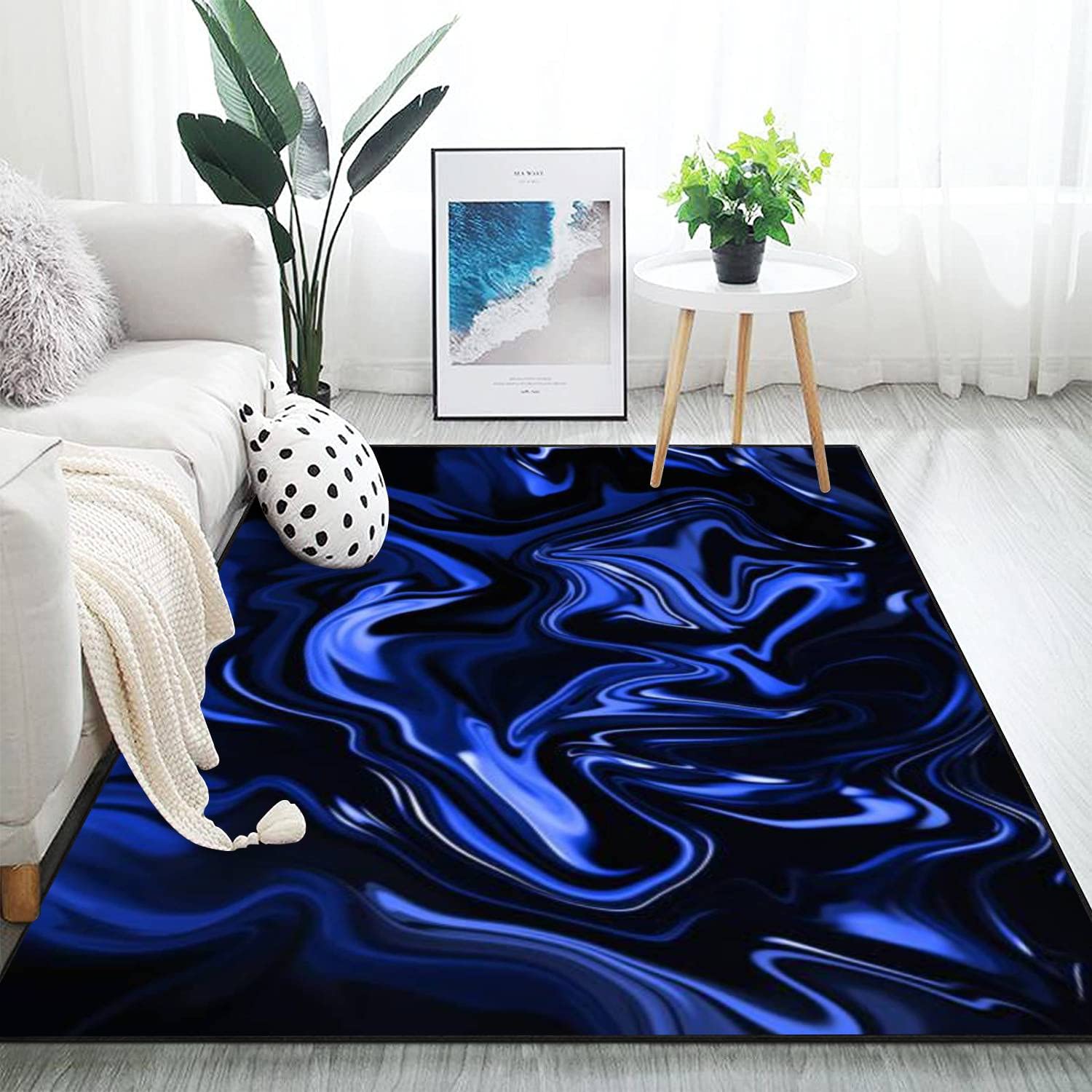 D1KV9Z46FE Modern 3D Home Area Rugs Marble Blue Black Neon Abstract Wave Sea Night Marbled Texture Carpets Non-Slip Extra Size Yoga Mat Runner Rug for Living Room Bedroom Girls Playroom Decor, 6x9 ft