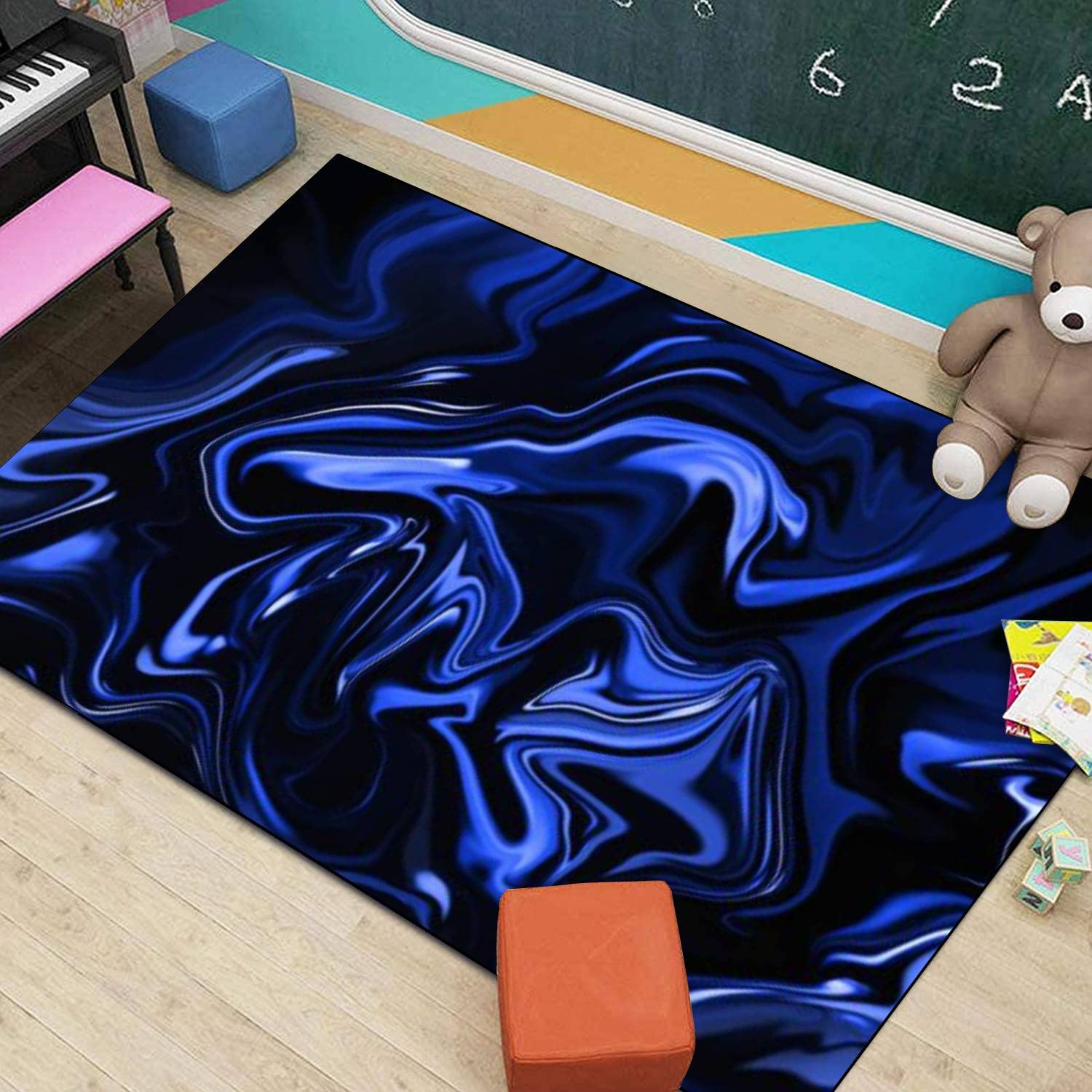 D1KV9Z46FE Modern 3D Home Area Rugs Marble Blue Black Neon Abstract Wave Sea Night Marbled Texture Carpets Non-Slip Extra Size Yoga Mat Runner Rug for Living Room Bedroom Girls Playroom Decor, 6x9 ft