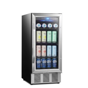 karcassin 15 inch beverage refrigerator, beverage cooler under counter, 126 cans quiet beverage fridge with glass door for built-in or freestanding with temperature memory function