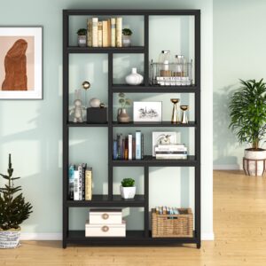 tribesigns 79 inch bookshelf, 7-tier tall bookcase with 10-open shelf, wood and metal book shelf storage shelves for bedroom, living room and home office, black