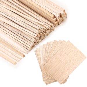 150 pieces balsa wood sticks hardwood square wooden craft dowel rods unfinished balsa wood sheets 12 inch thin wood strips 1/4 inch 1/8 inch for crafts diy projects models making supplies