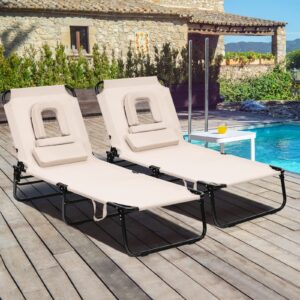 tangkula folding chaise lounge chair with hole for face, outdoor 5-position adjustable reclining beach sunbathing chair, portable face down tanning chair for patio backyard poolside beach (2, beige)