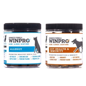 winpro all-natural allergy relief and gut health bundle, 120 chews, plasma powered grain free soft chews providing relief from itchy, irritated skin, digestive health and immunity