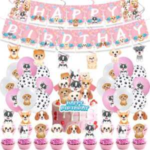 50 dog birthday decorations including birthday banners, cake toppers, cupcake toppers, balloons, swirls for dog paw print birthday party supplies and baby shower decorations