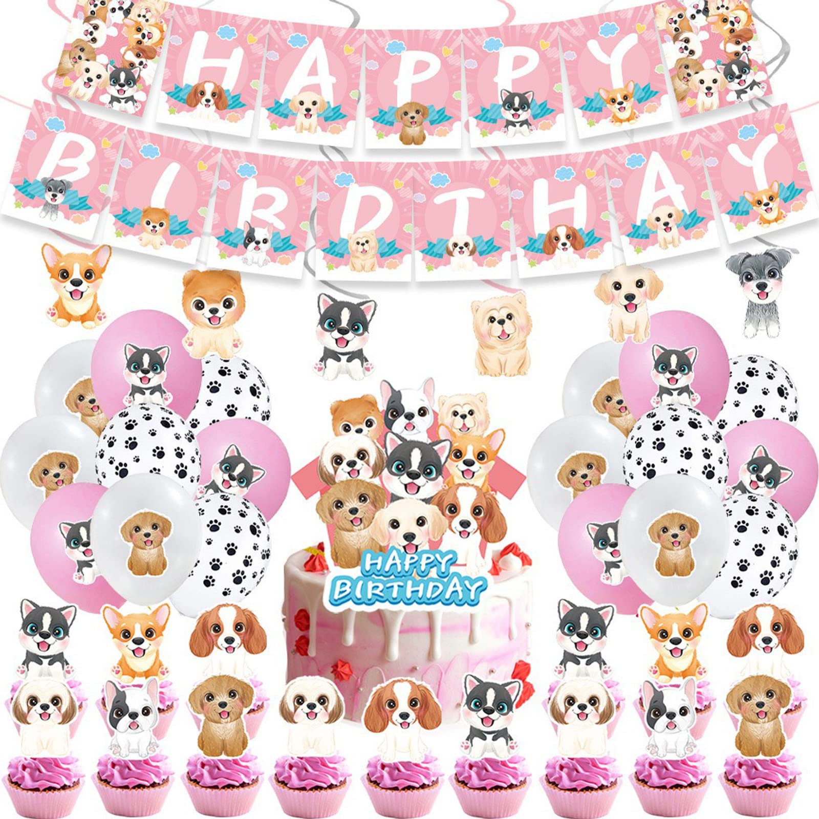 50 Dog Birthday Decorations Including Birthday Banners, Cake Toppers, Cupcake Toppers, Balloons, Swirls For Dog Paw Print Birthday Party Supplies And Baby Shower Decorations