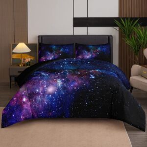 tailor shop galaxy comforter set universe outer space blue and purple starry sky night pattern bedding set for girls boys kids full size with 1 comforter 2 pillowcases……