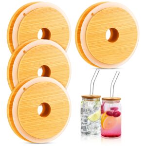 16oz beer can lids bamboo lids with straw hole glass lids for beer can jar lid for drinking glasses, glasses and straw not included (4 pieces)