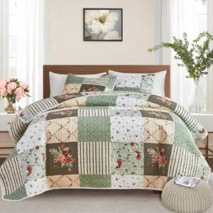 patchwork quilt set twin size, 2 pieces green white floral plaid design summer bedspread coverlet set, soft microfiber reversible lightweight bed cover for kids (68" x 86", 1 quilt+ 1 pillow sham)