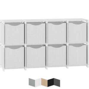 8 cube storage organizer set. includes eight 11 inch storage cube bins. diy fabric storage cube shelves for closet organization clothes, books, toys. used in playroom and bedroom. (white -grey)