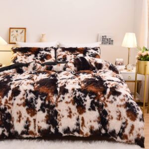 aimuan cow print duvet cover shaggy fluffy tie dye brown black velvet bedding set super soft faux fur fuzzy comforter cover with pillowcases (coffee-black, king)