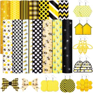 14 pcs faux leather sheets summer fruit lemon bee printed synthetic leather sheet glitter faux leather fabric sheet for earrings headbands making, 8.3 x 6.3 inch(bee)