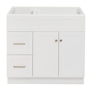 ariel 36" white bathroom vanity base cabinet, right offset sink configuration, 2 soft-closing doors, 2 full extension dovetail drawers, 1 enclosed large storage shelf, brushed nickel