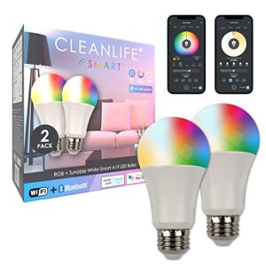 cleanlife smart gen 2 a19 led bulb - rgb + tunable white smart bulb with wifi & bluetooth light control - app controlled, programmable led lights - pack of 2 9w dimmable led light bulbs