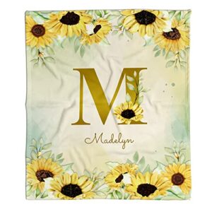 toyshea personalized sunflower blanket name and initial letter custom throws cozy soft blankets fleece sherpa for women girls mom daughter grandma kids gift for mother's day birthday christmas