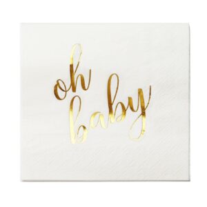 100 pcs "oh baby" white napkins - 3-ply white and gold cocktail napkins baby shower party supplies - eco-friendly party napkins for dessert beverage & table decorations