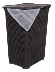 plastic laundry hamper with lid, knit designed laundry hamper basket, 50 liter brown cloths hamper organizer with cut-out handles. space saving for laundry room bedroom bathroom.